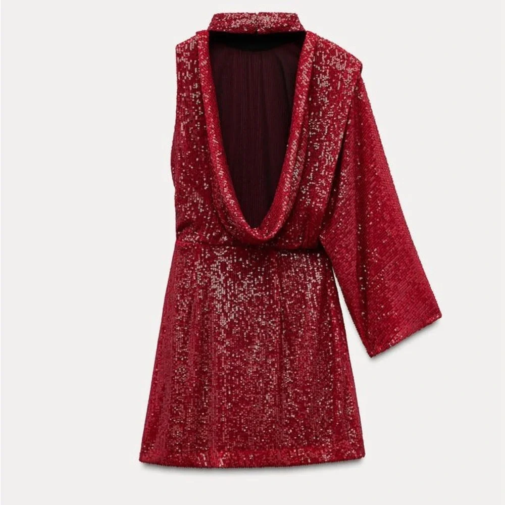 Zara | Dresses | Zara Red Sparkle Mini Dress One Sleeve | Poshmark